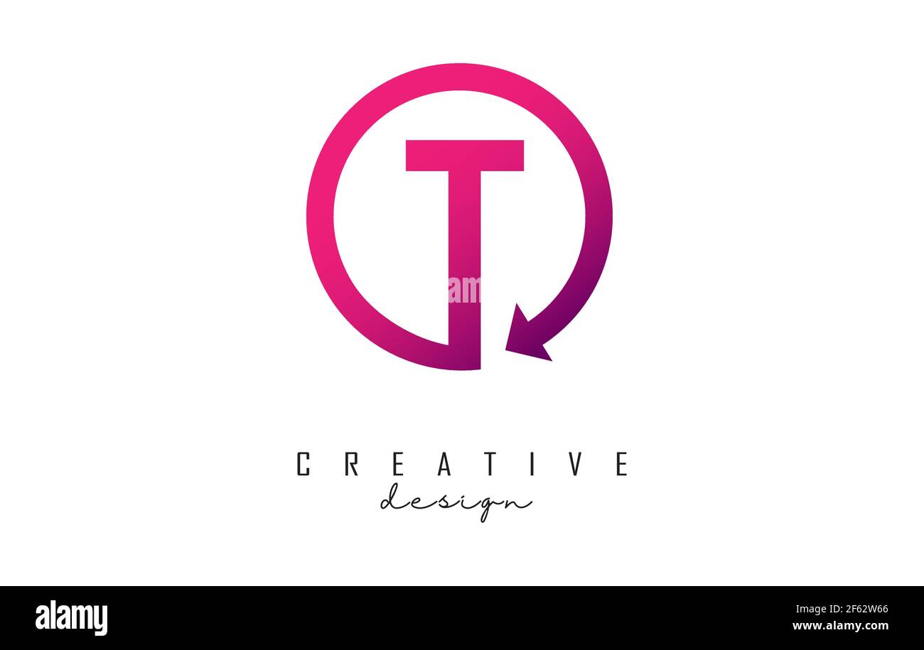Pink T letter logo design with circle frame and arrow. Creative vector ...
