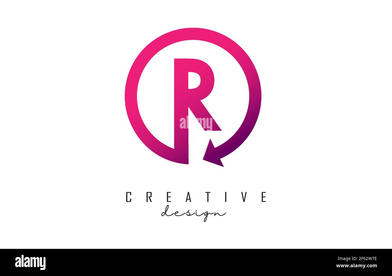 Pink R letter logo design with circle frame and arrow. Creative vector ...