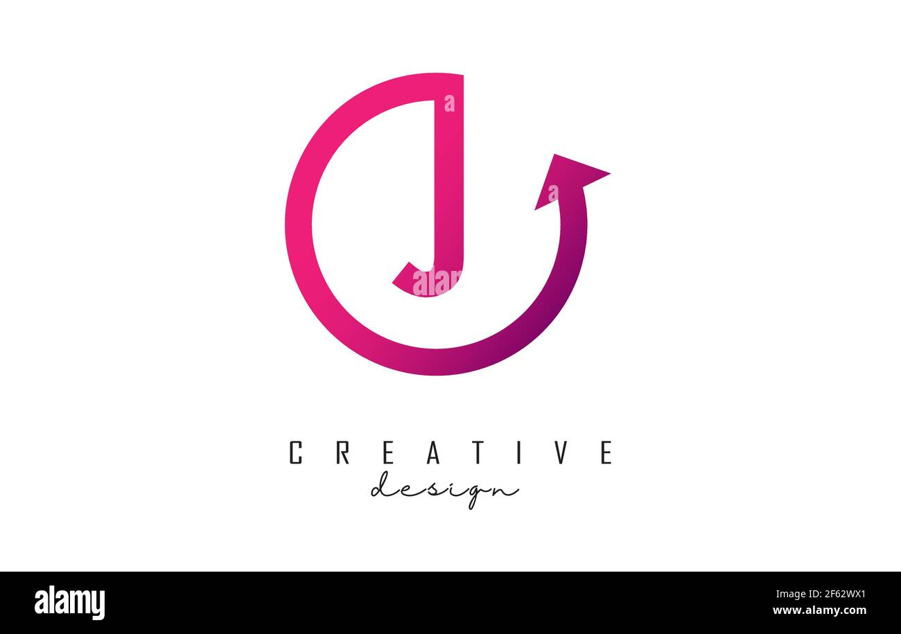 Pink J letter logo design with circle frame and arrow. Creative vector ...