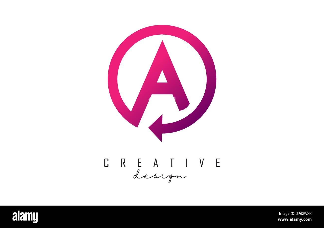 Pink A letter logo design with circle frame and arrow. Creative vector ...