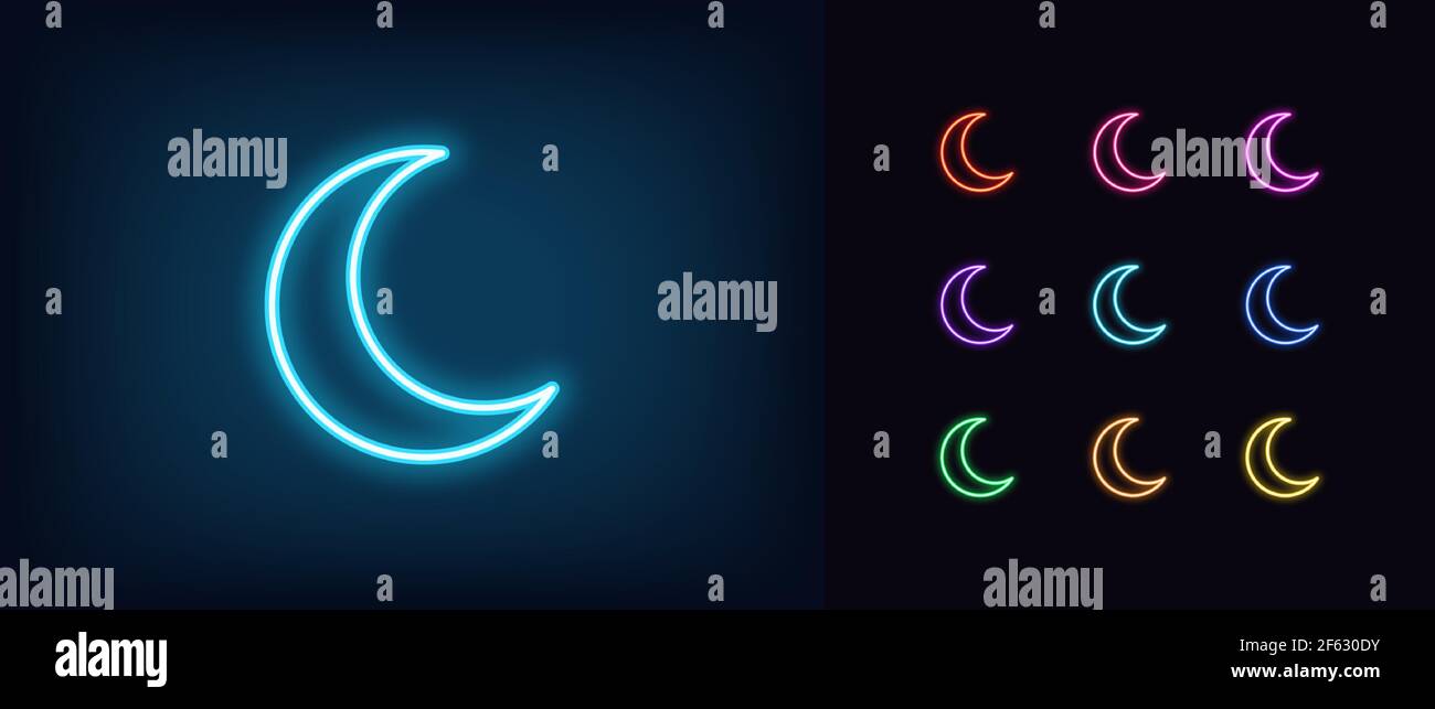 Neon crescent icon. Glowing neon crescent sign, outline moon symbol and ...