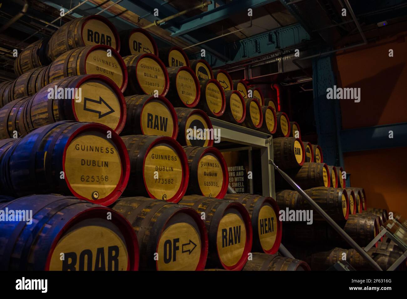 A picture of a set of casks inside the Guinness Storehouse, in Dublin ...