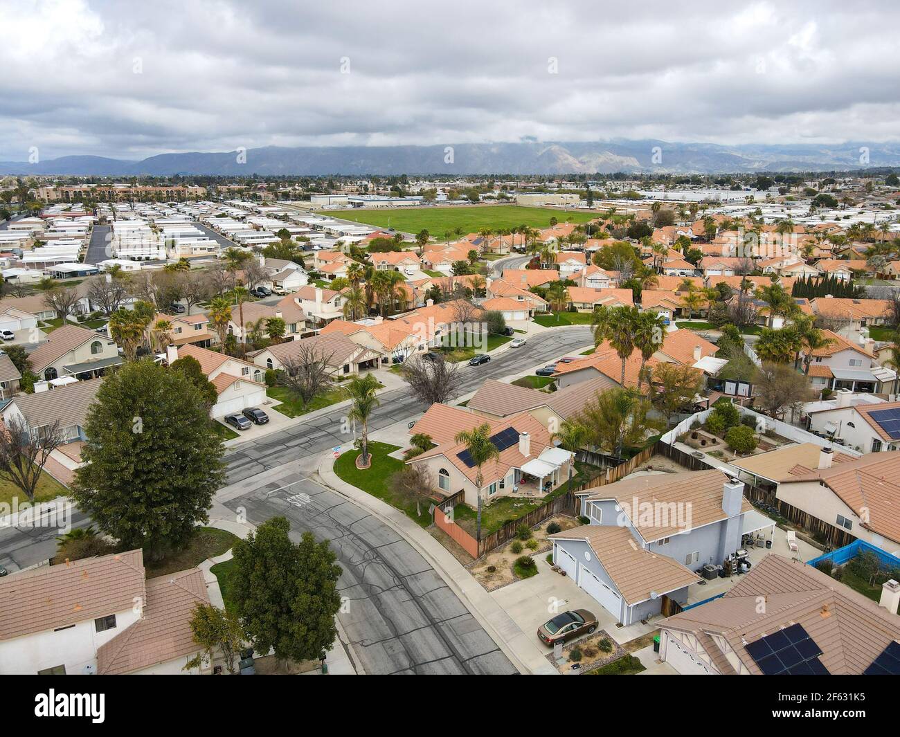 Aerial view of small town Hemet in the San Jacinto Valley in Riverside ...