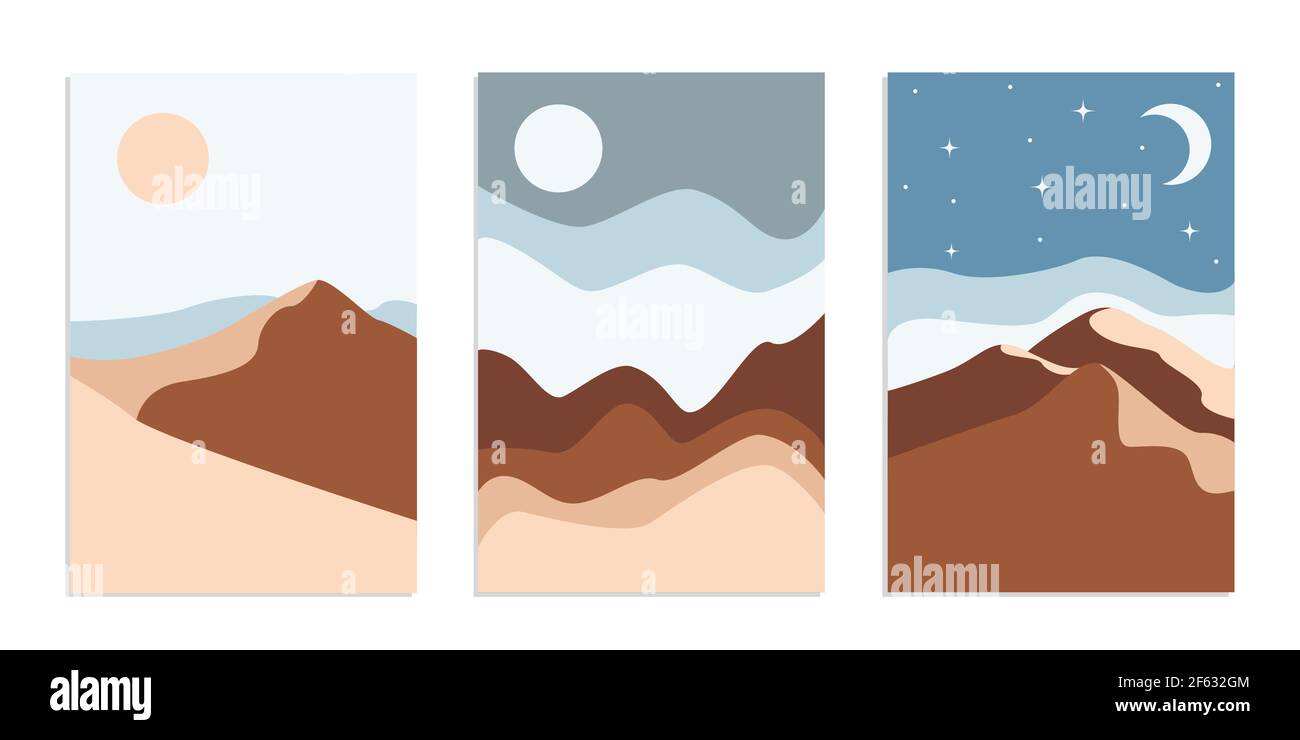 Desert abstract boho landscape with sun and moon. Abstract vector ...
