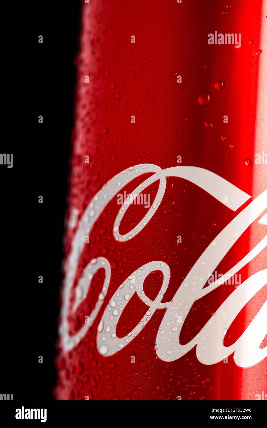 Water droplets on classic Coca-Cola can on black background. Studio ...