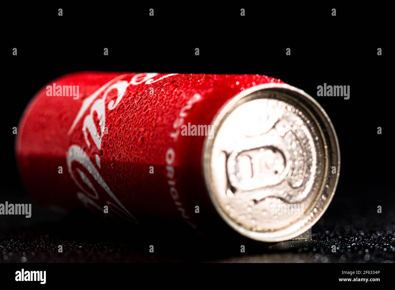 Water droplets on classic Coca-Cola can on black background. Studio ...