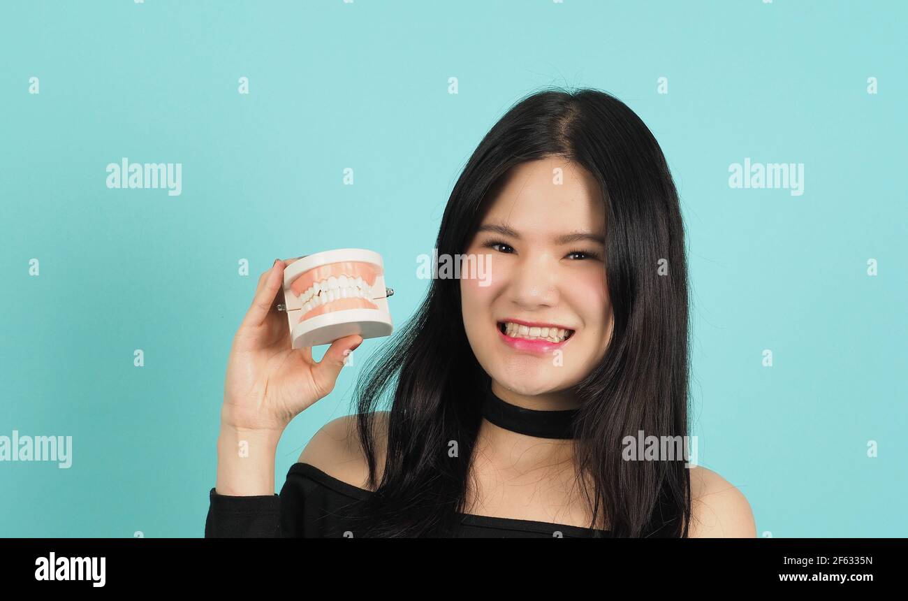Woman holding dental teeth model or orthodontic model. Asian teenage ...