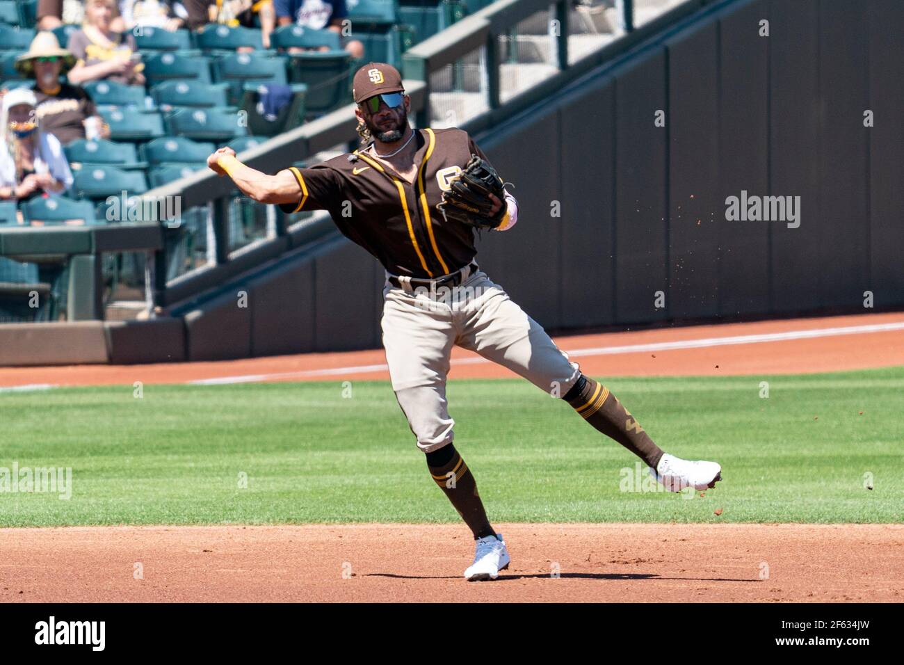 San Diego Padres shortstop Fernando Tatis Jr. (23) throws to first base ...