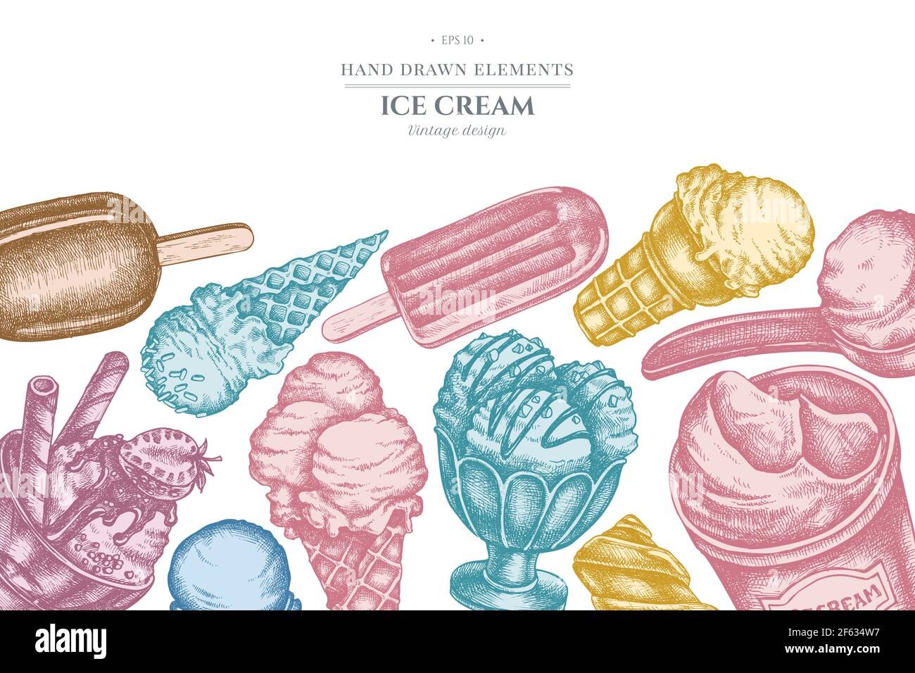 Design with pastel colored ice cream bowls, ice cream bucket, popsicle ...