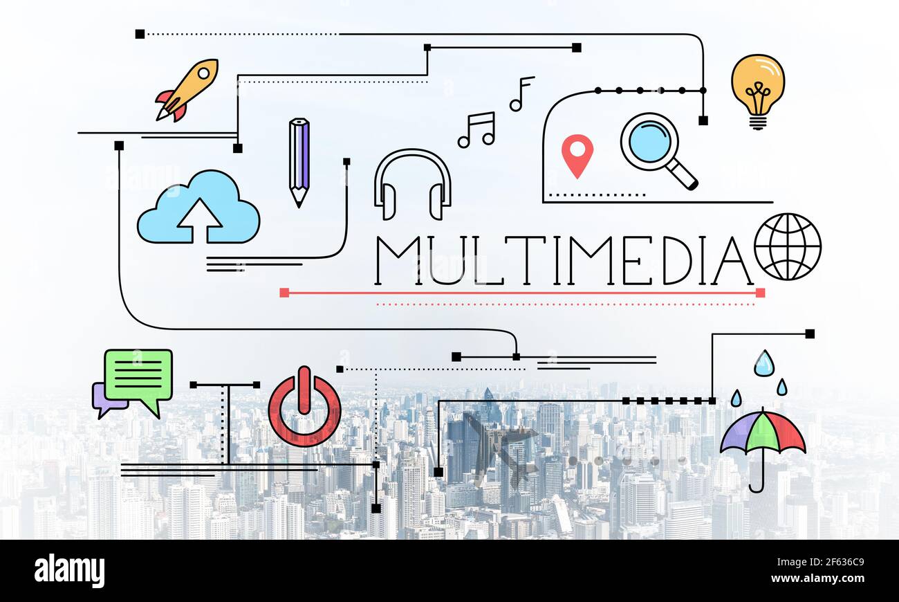 Multimedia content linear sketch with media signs Stock Photo - Alamy