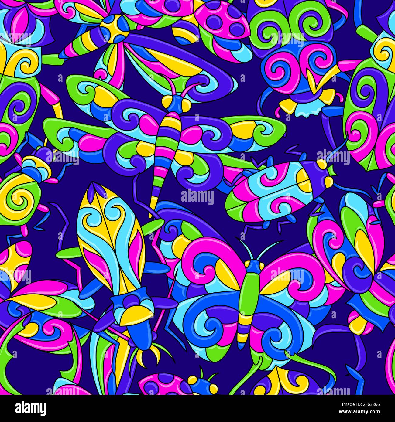 Seamless pattern with stylized bugs and insects. Mexican ceramic cute ...