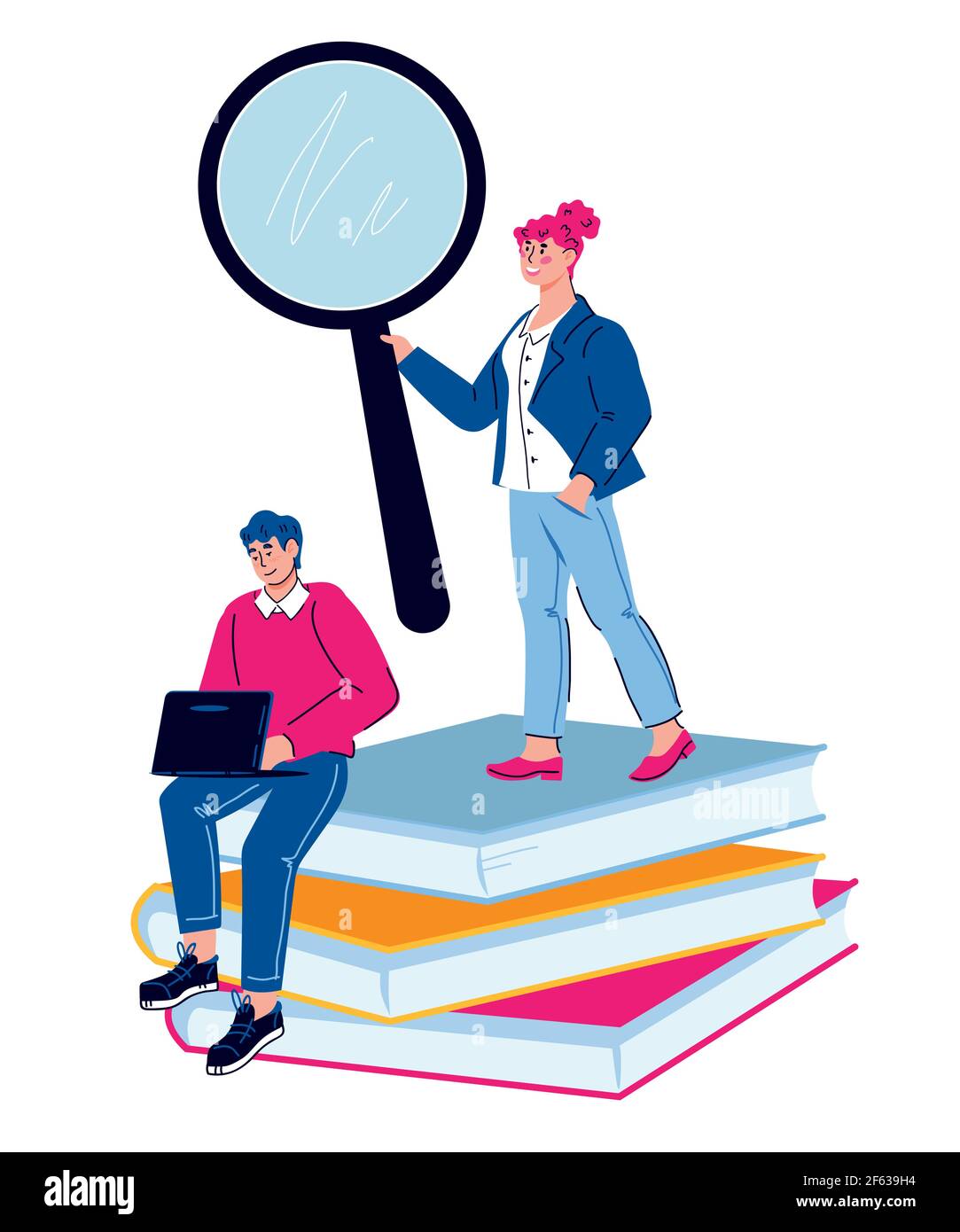 Business people with magnifier and computer searching new information ...