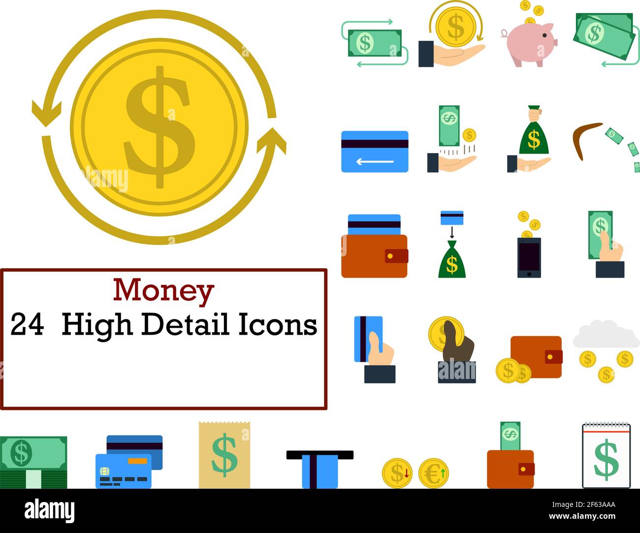 Money Icon Set. Flat Design. Fully editable vector illustration. Text ...