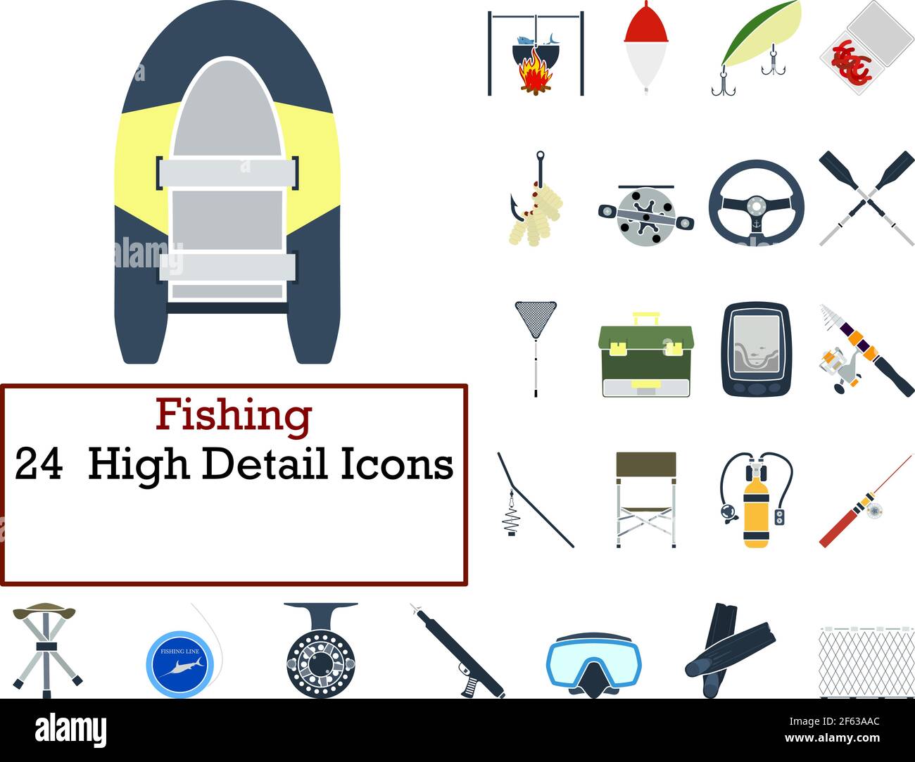 Fishing Icon Set. Flat Design. Fully editable vector illustration. Text ...