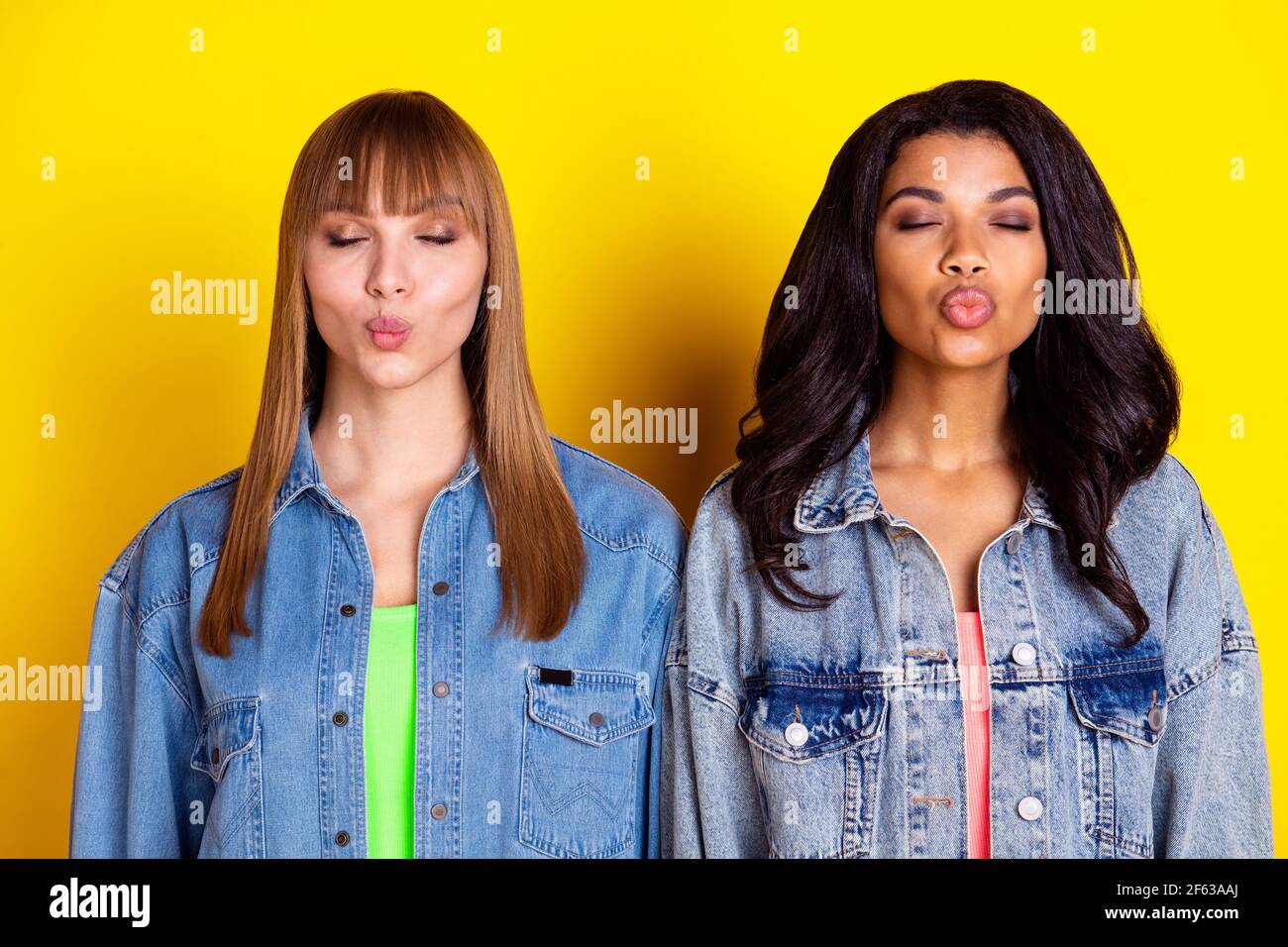 Photo of young beautiful charming lovely women pout plump lips kiss ...