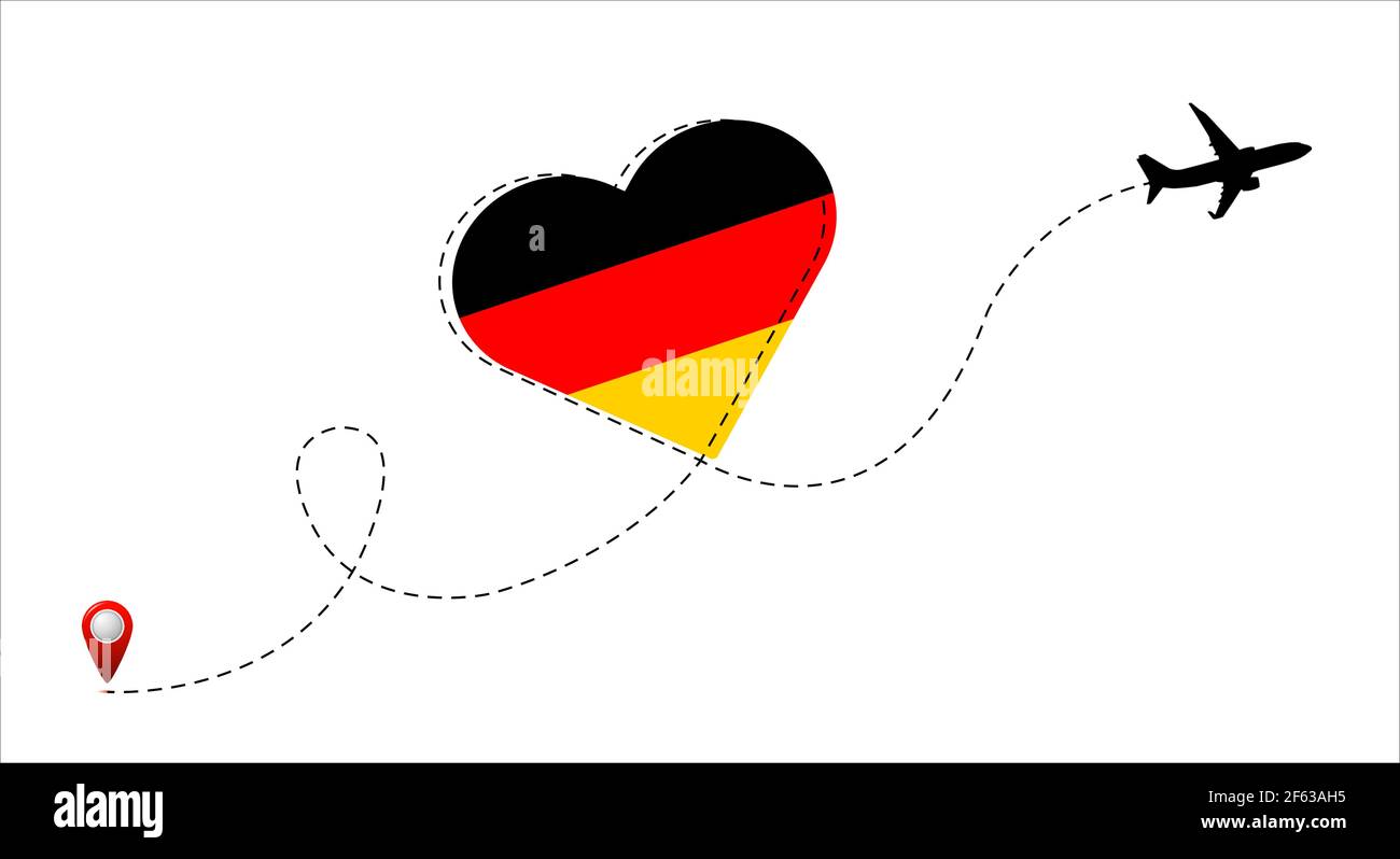 Airplane flight route with the Germany flag inside the heart. Travel to ...