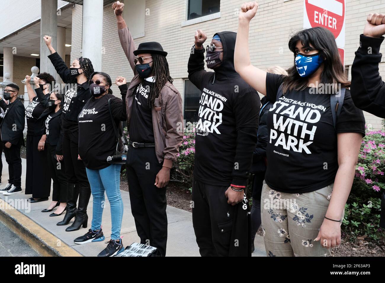 Atlanta, Georgia, USA. 29th Mar, 2021. A group of demonstrators stage a ...