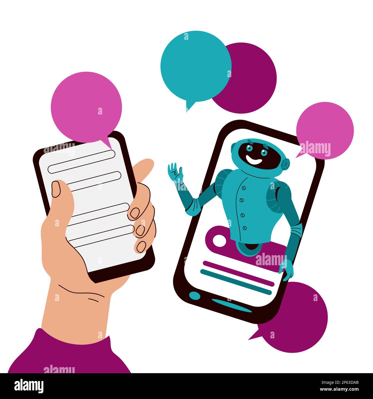User chatting with chatbot in mobile application. Male hand holding ...