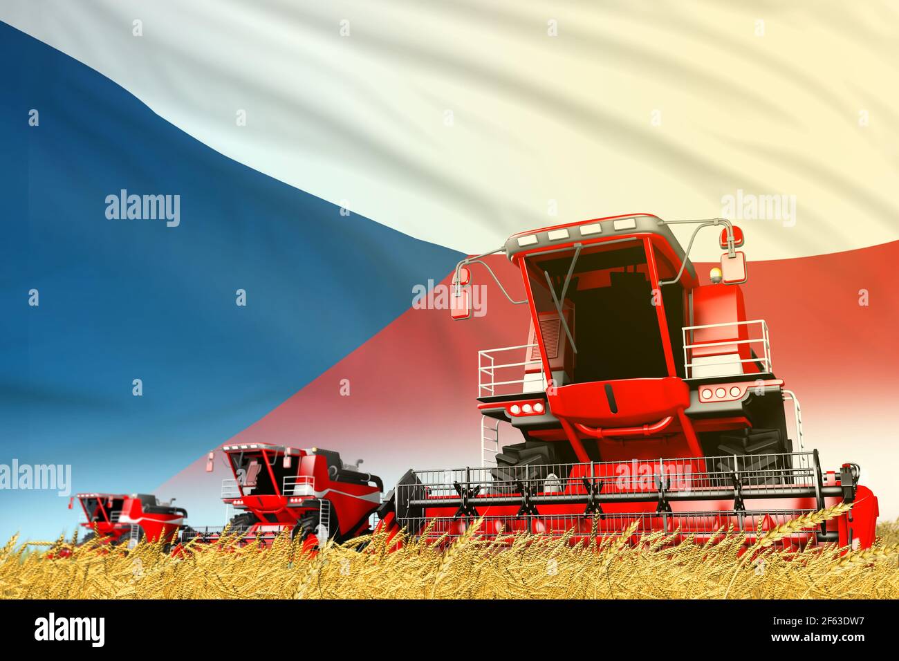 red rye agricultural combine harvester on field with Czechia flag ...