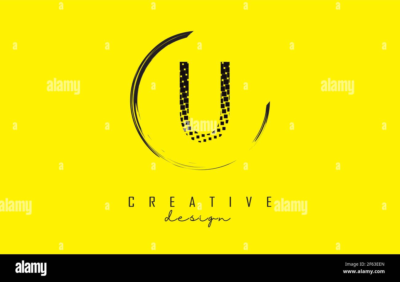 U letter logo design with black squares and circle frame on bright ...