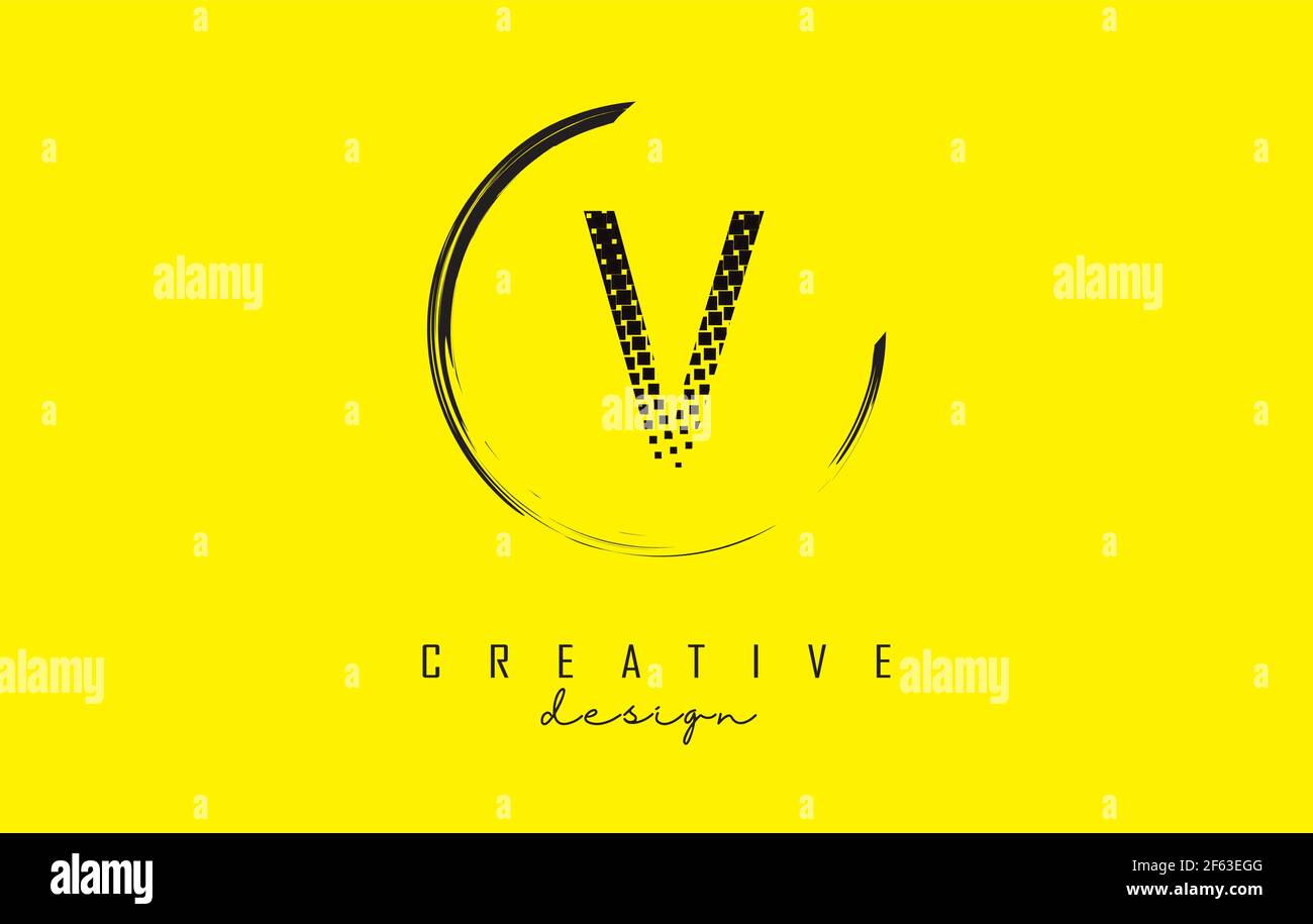 V letter logo design with black squares and circle frame on bright ...