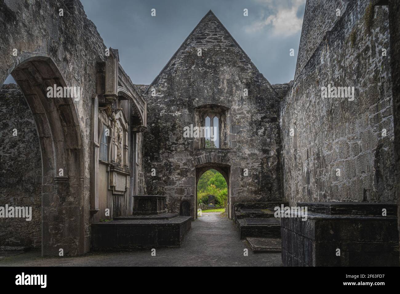 Interior, altars and tombs of ruined, 15th century monastery, Muckross ...