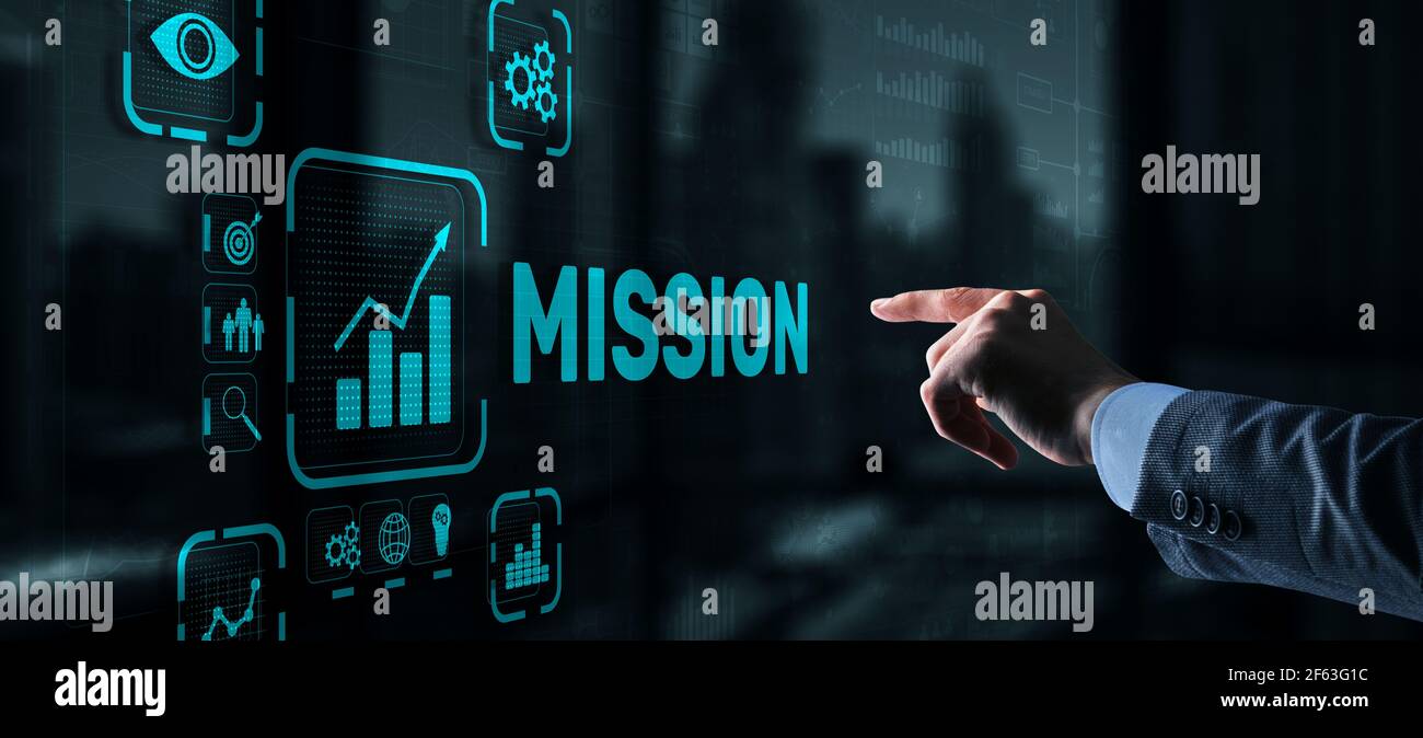 Businessman clicks on virtual screen Mission Stock Photo - Alamy
