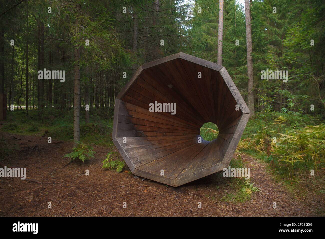 Funny man made large wooden speaking tube in harmony with nature on ...