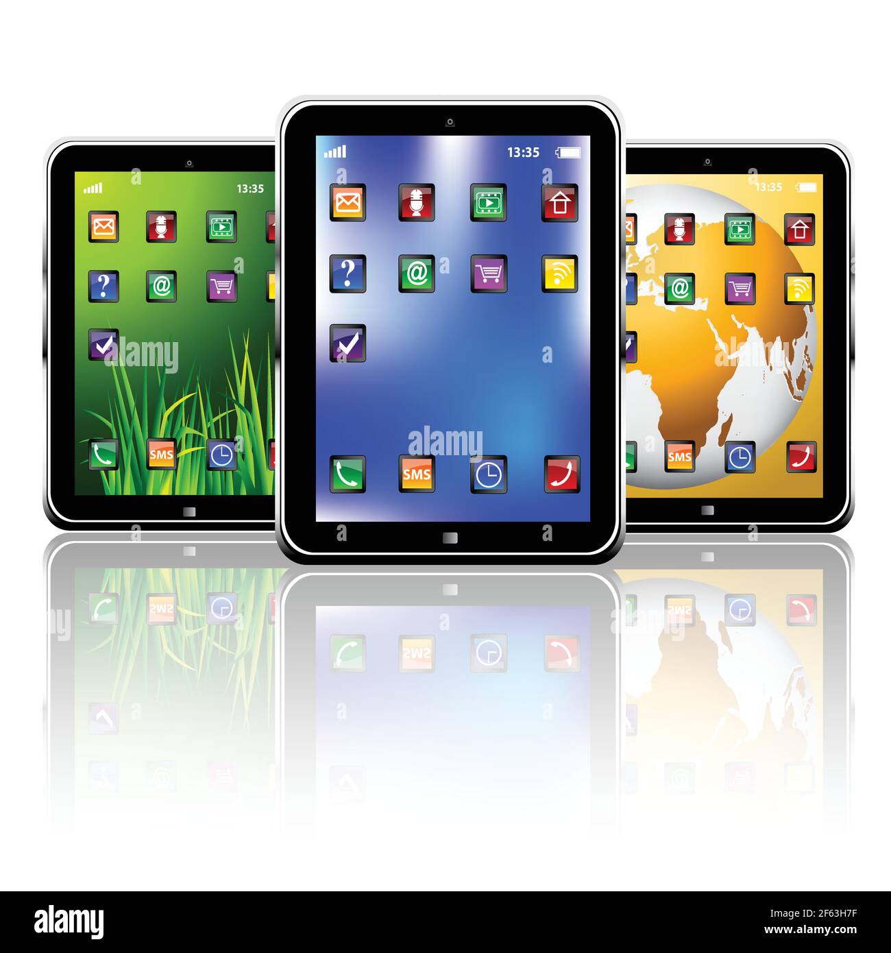 Group of digital tablet pc with different screen backgrounds. Isolated ...
