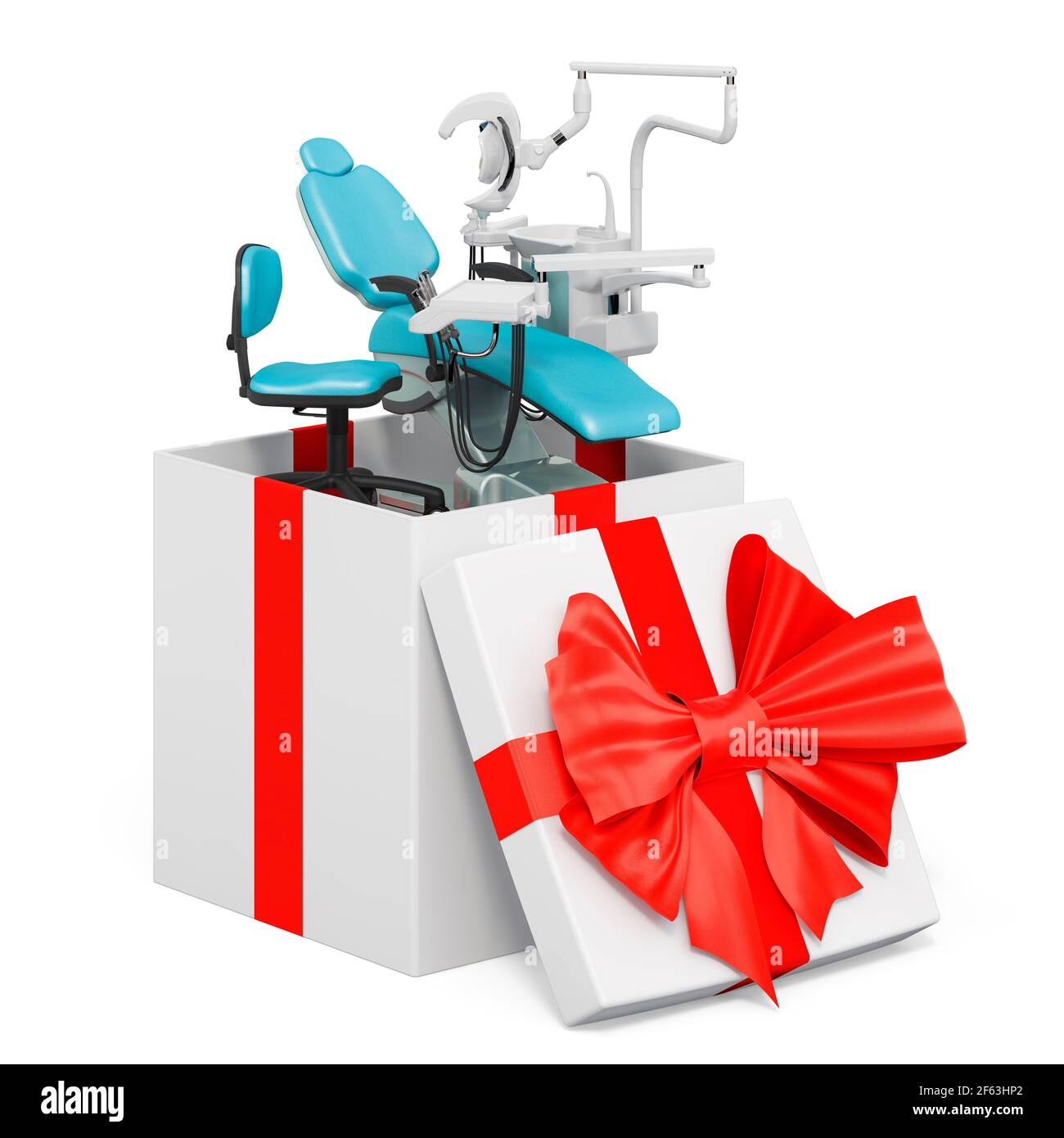 Dental chair unit inside gift box, present concept. 3D rendering ...