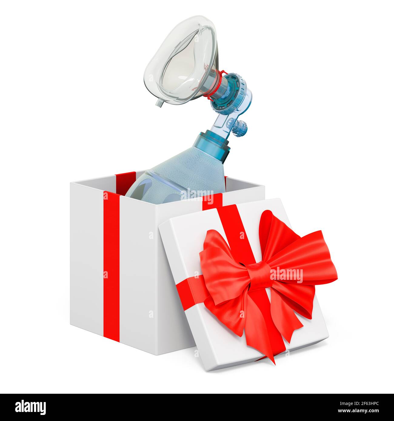 Bag valve mask inside gift box, present concept. 3D rendering isolated ...