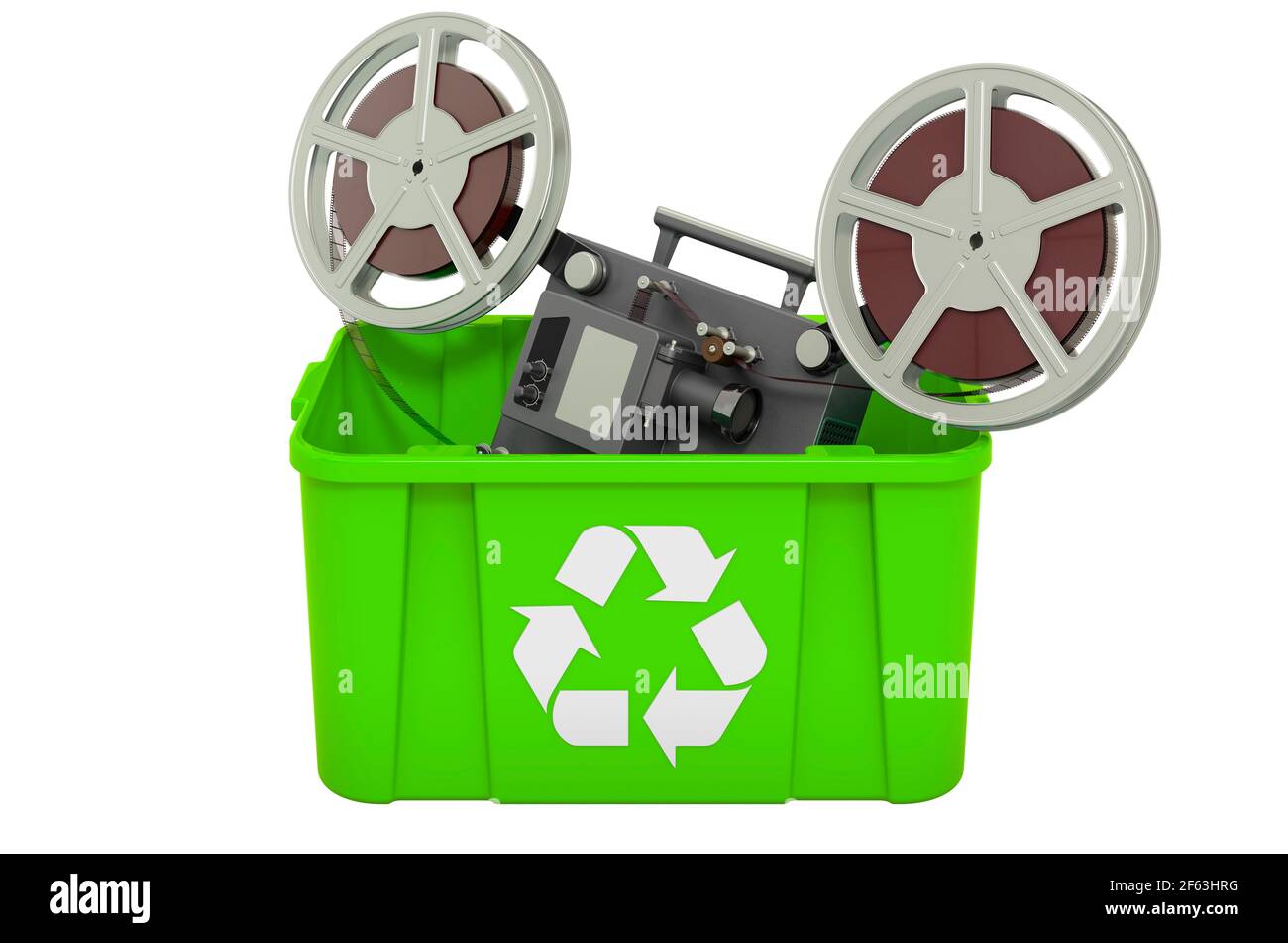 Recycling trashcan with film projector. 3D rendering isolated on white ...