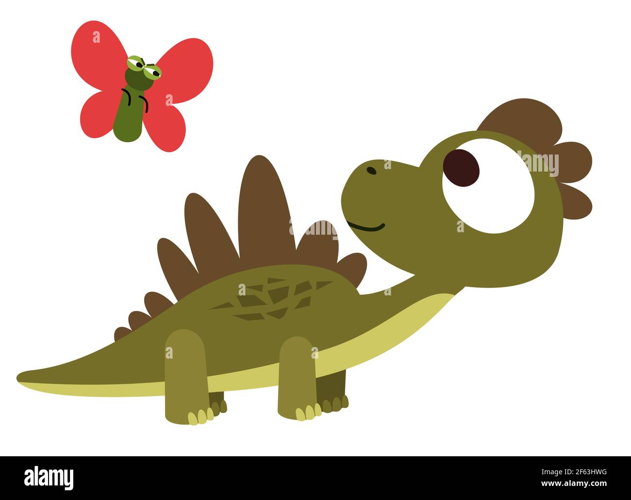 Baby dinosaur playing with a butterfly. The isolated object on a white ...