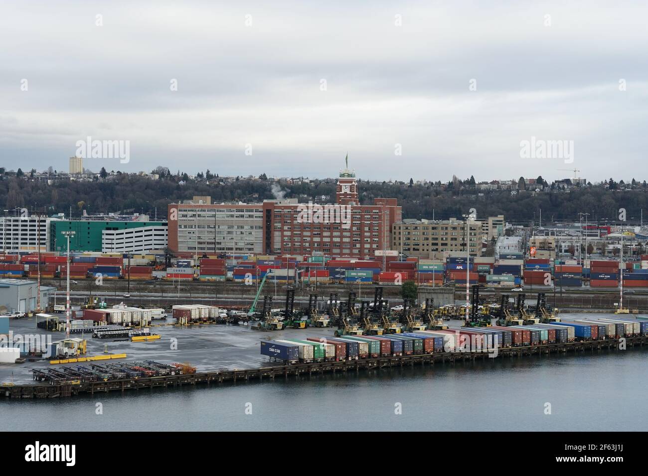 Buildings on the waterfront of the port of Seattle with headquarter of ...