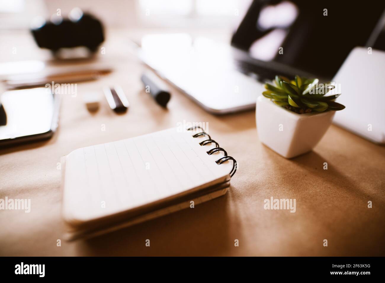 Close up focus view of notebook on the modern office desk set up Stock ...