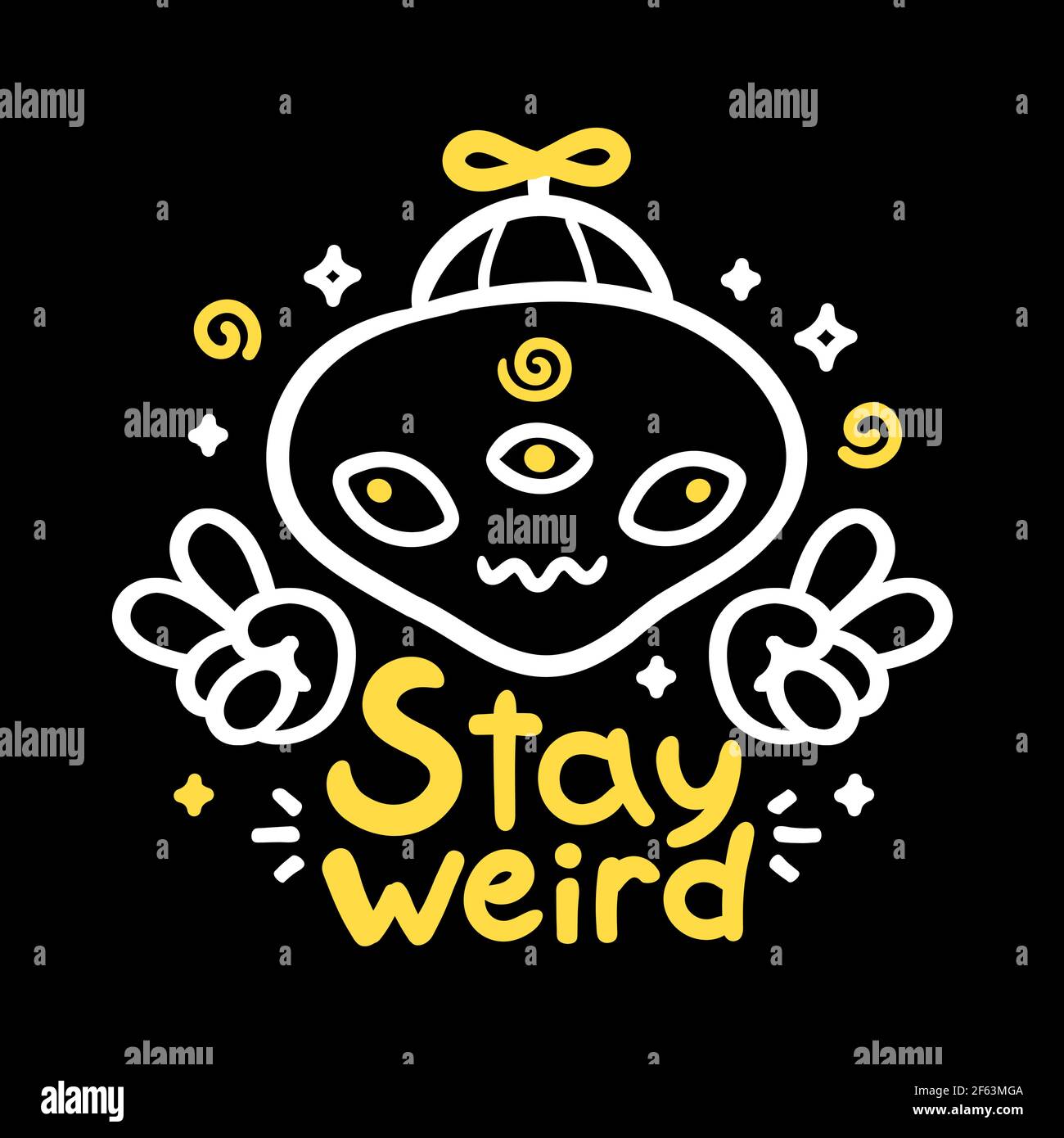 Stay weird slogan. Funny alien show peace sign. Vector cartoon ...