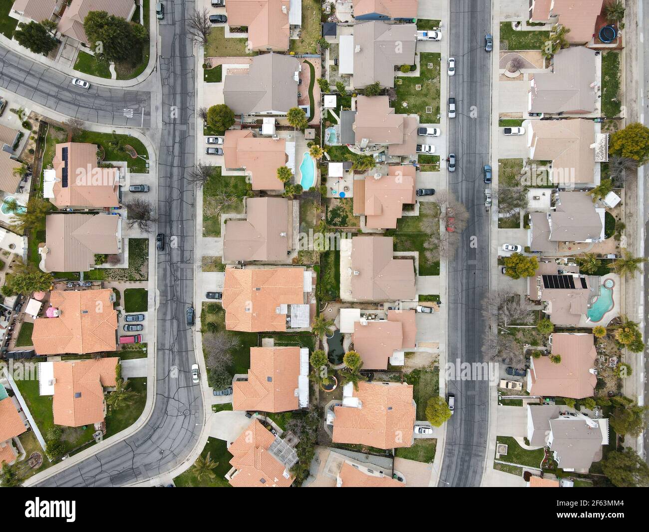 Aerial view of neighborhood in Hemet city in the San Jacinto Valley in ...