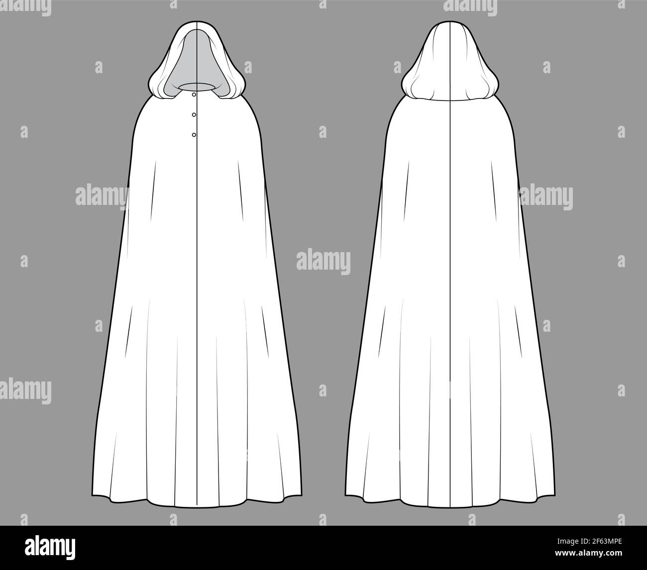 Cloak coat technical fashion illustration with hood, oversized trapeze ...