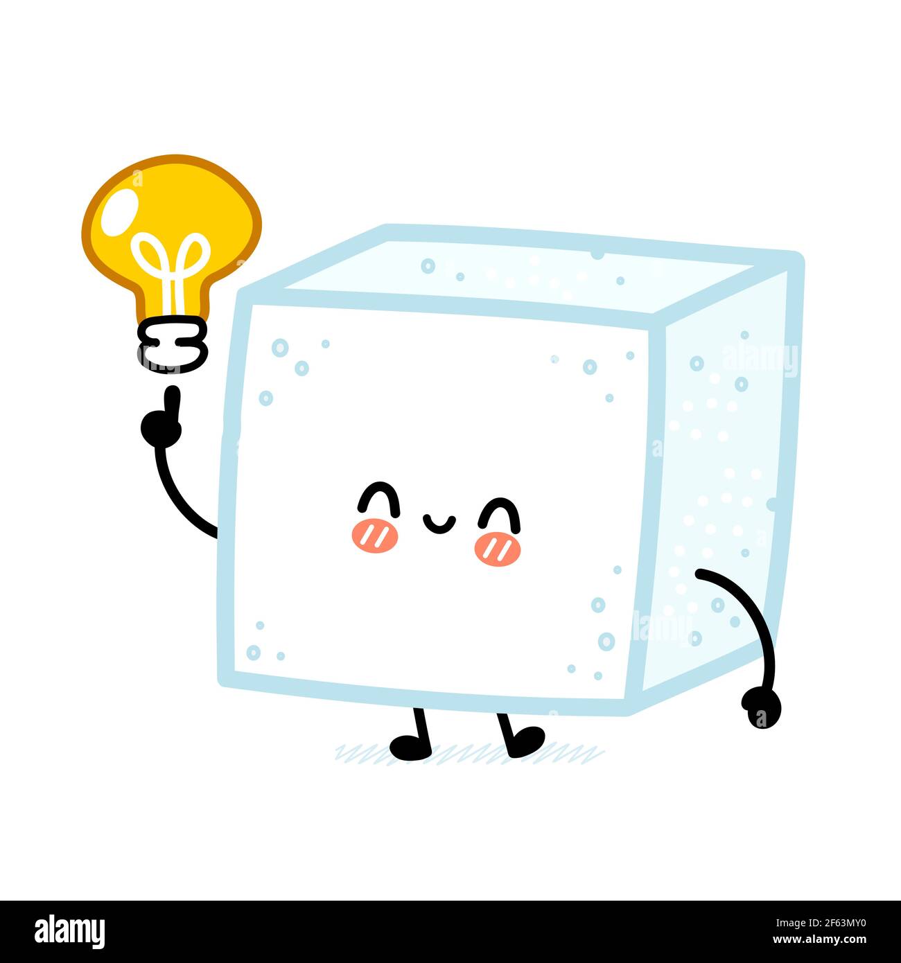 Cute funny happy sugar piece cube character with idea light bulb ...