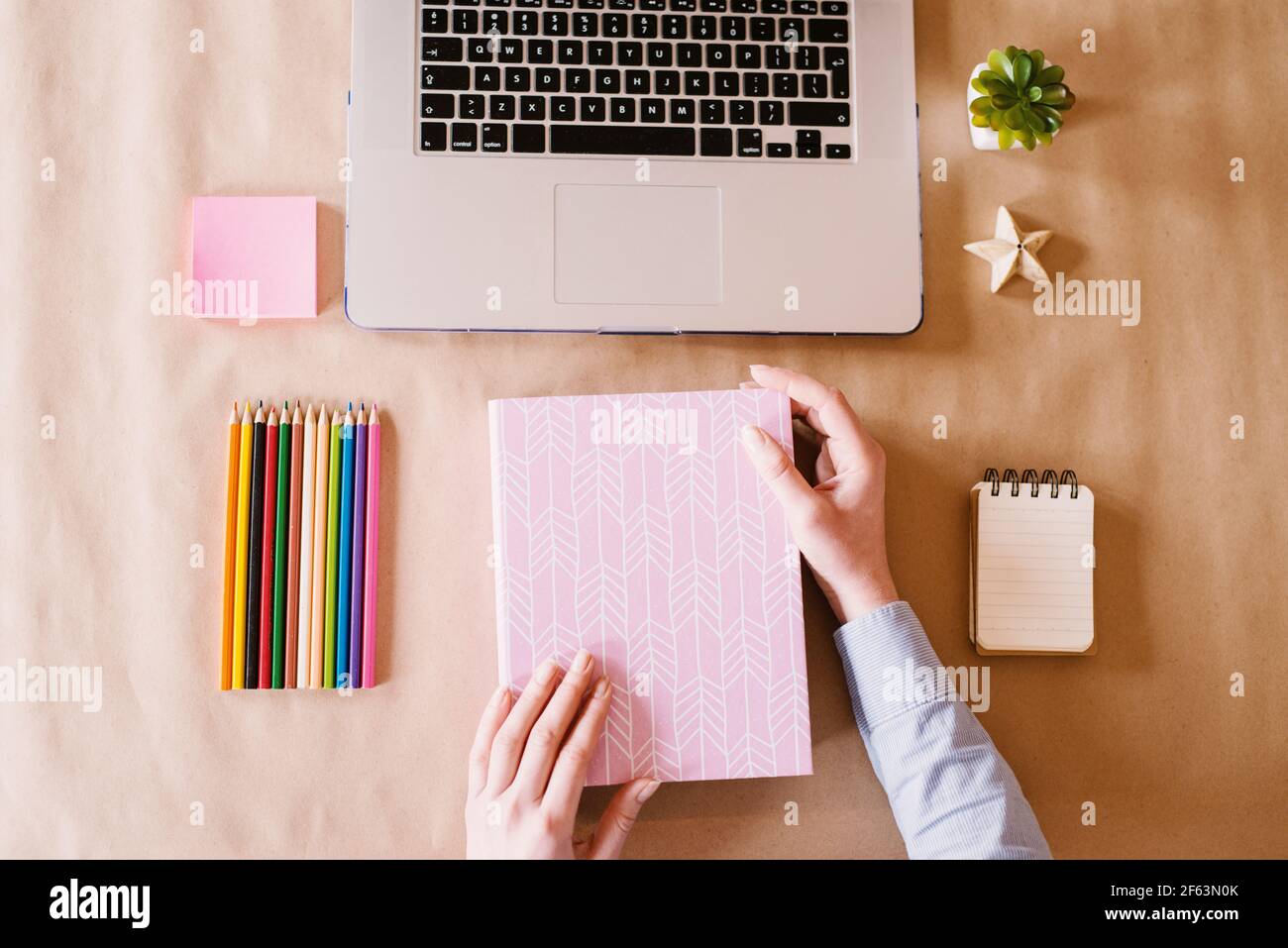 Top view of modern designer woman office desk set up Stock Photo - Alamy