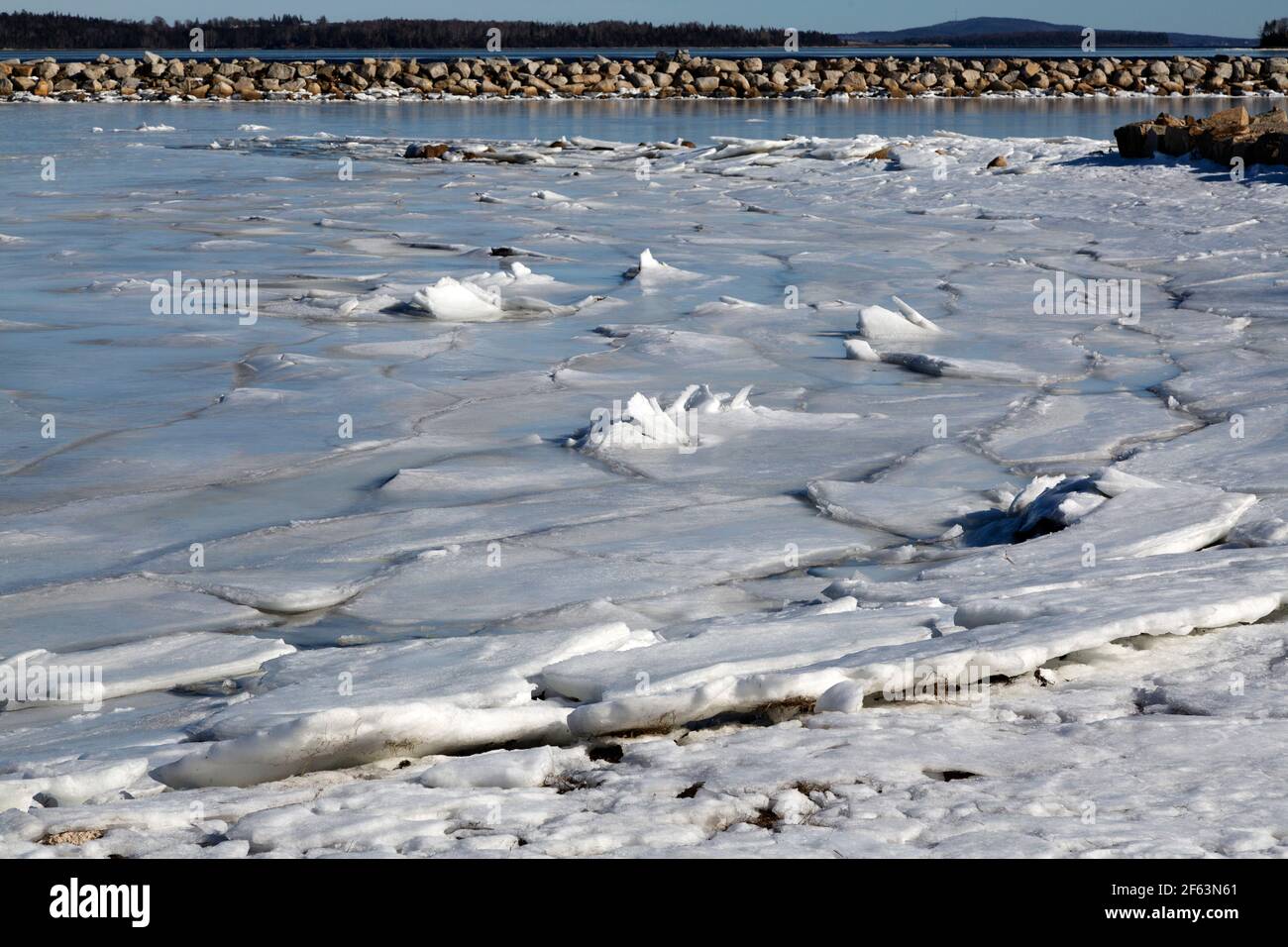 Sheet ice floats in the partially frozen Rafuses Cove in Nova Scotia ...