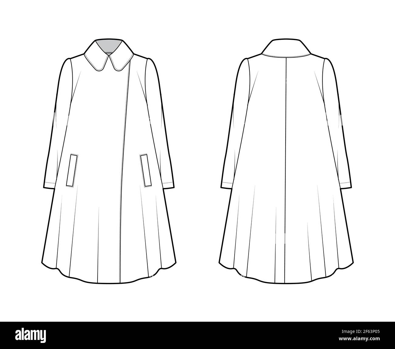 Tent coat technical fashion illustration with long sleeves, round lapel ...