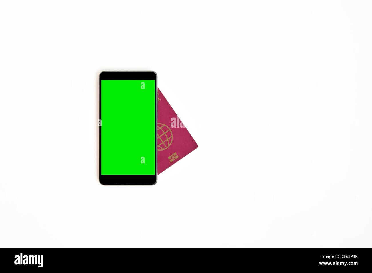 Passport and smart phone with green screen. Travel concept with copy ...