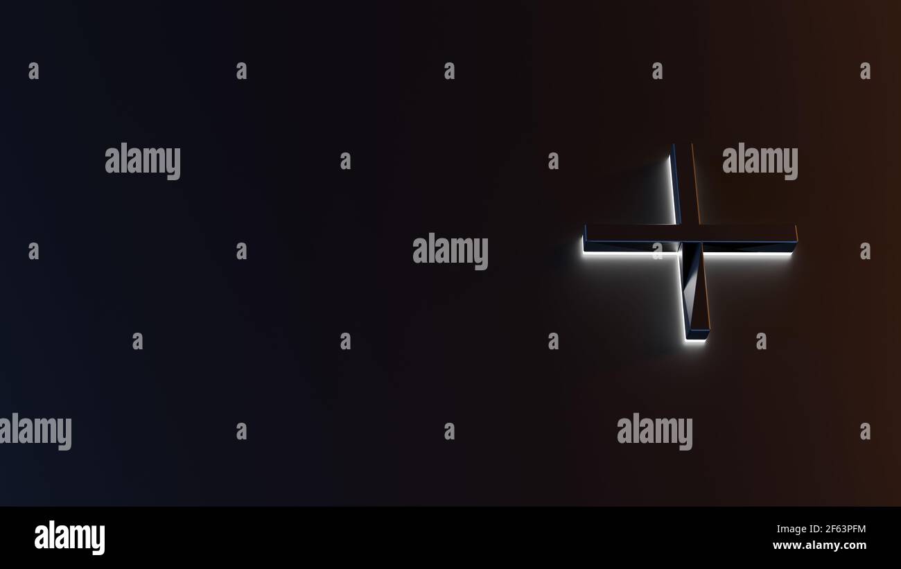 3d rendering of white light stripe thin plus symbol on dark background ...