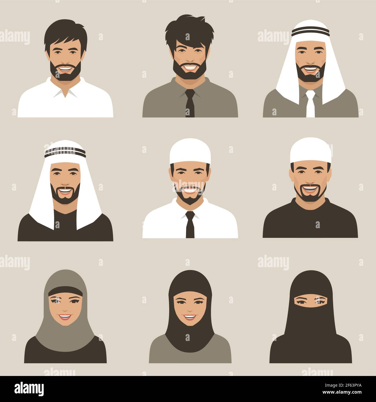 set of flat muslim avatars, vector arab people icon, saudi characters ...