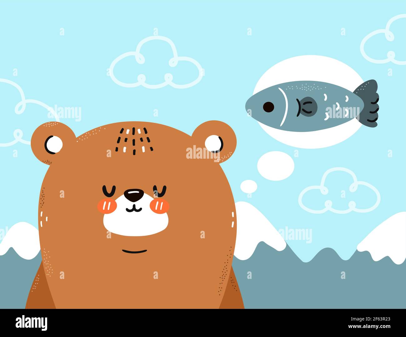 Cute funny bear dream about fish. Be brave quote. Vector scandinavian ...