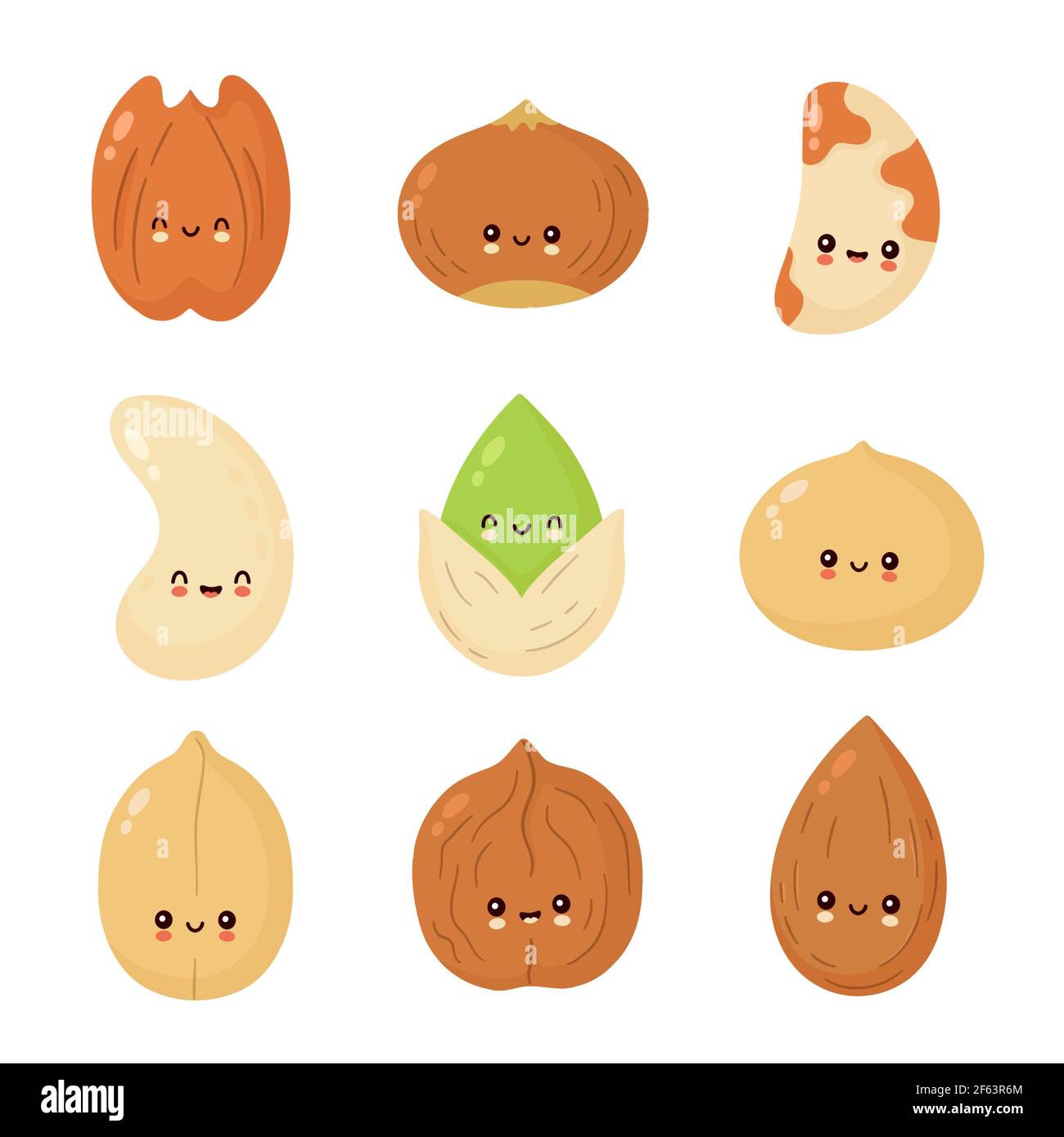 Cute happy nuts set. Vector flat cartoon character illustration icon ...