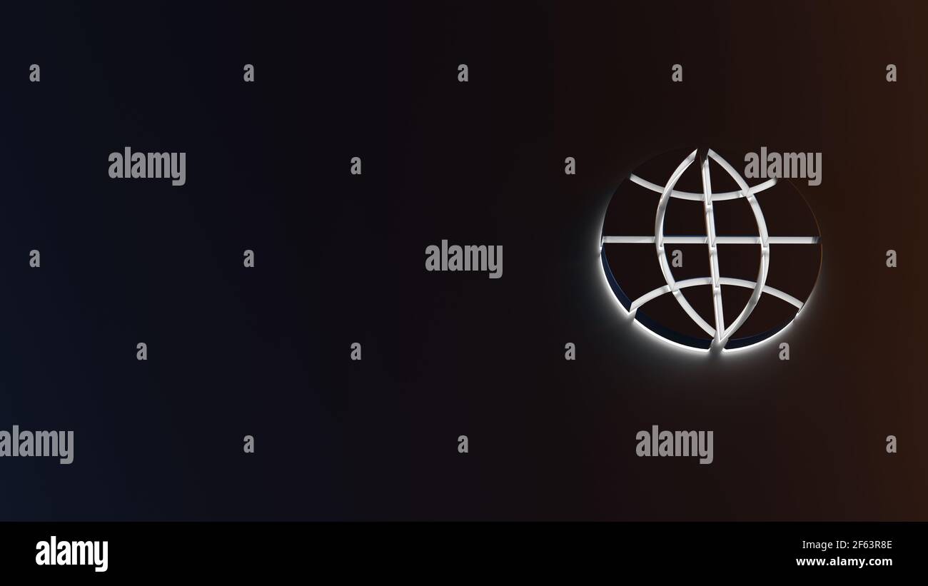 3d rendering of white light stripe symbol of globe net on dark ...