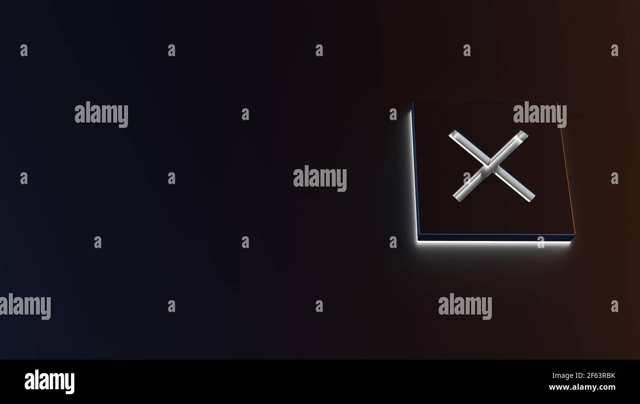 3d rendering of white light stripe symbol of cancel cross in square on ...
