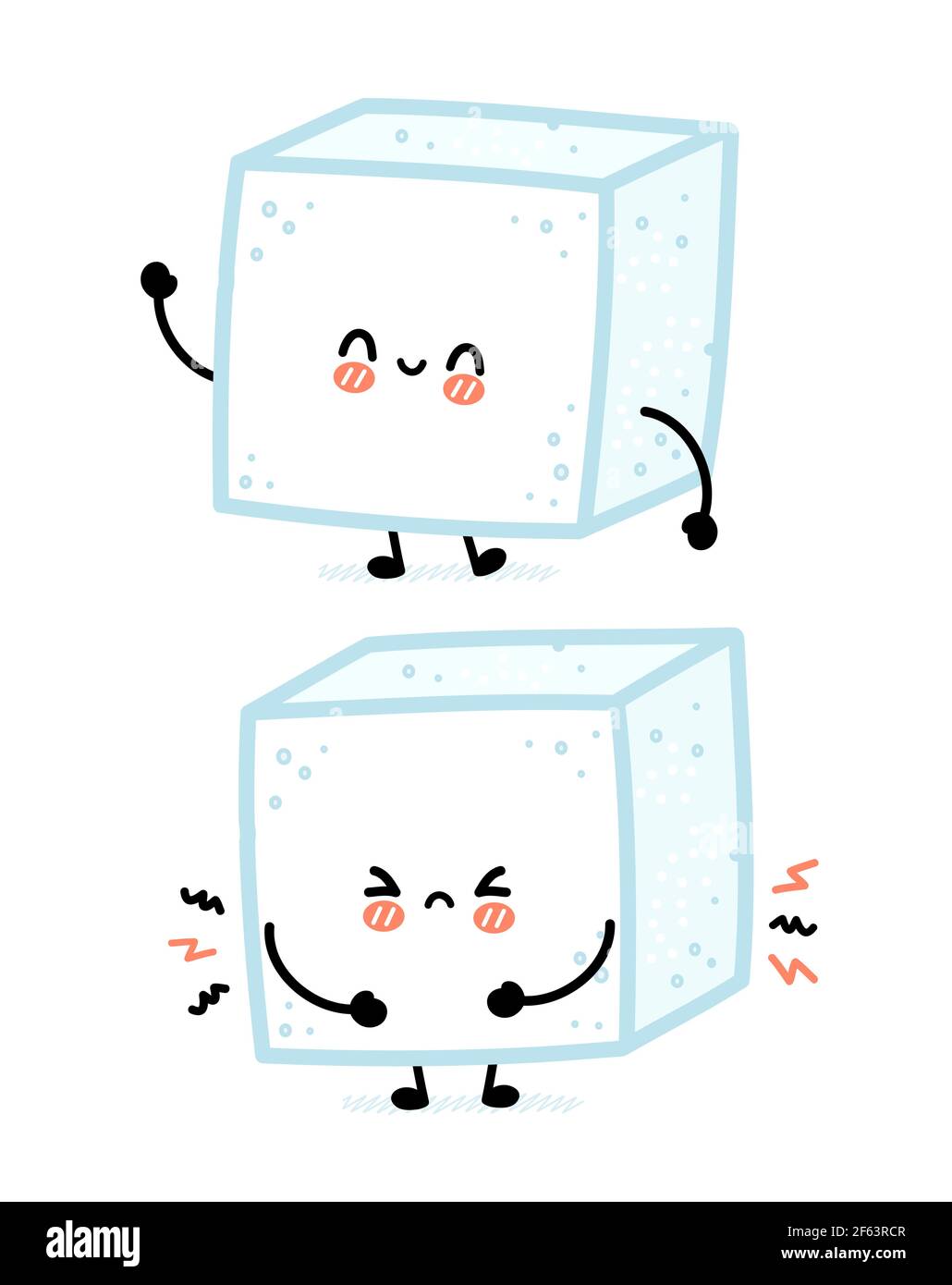 Cute funny happy and sad sugar piece cube character. Vector flat line ...